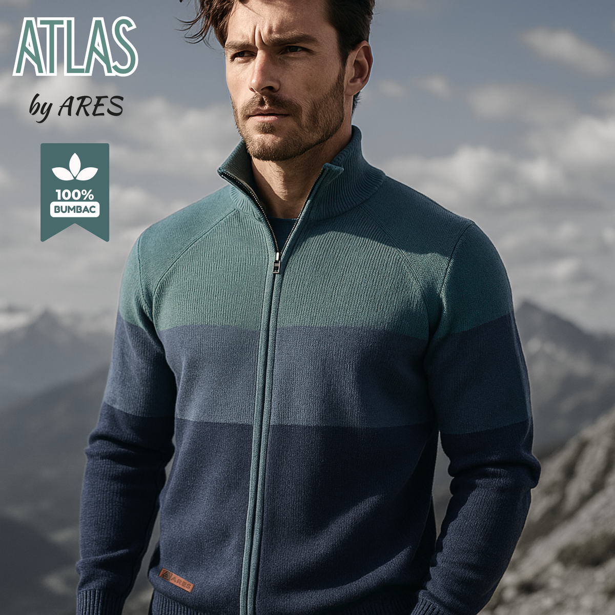 Pulover cu fermoar Ares - ATLAS - Verde pal cu gri și bleumarin ...